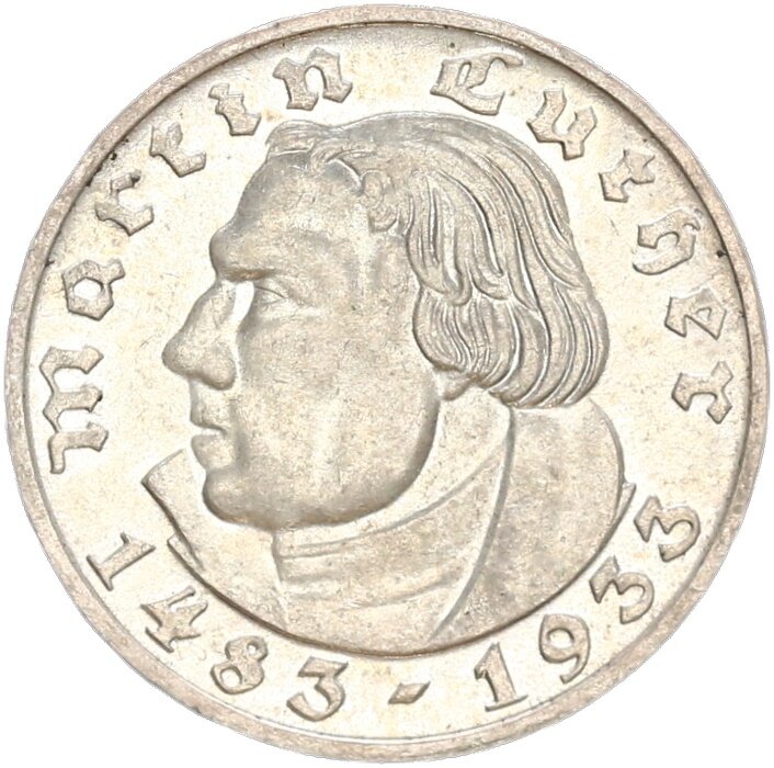 Drittes Reich 2 Reichsmark 1933 G Martin Luther Silber pfr., f. stgl ...